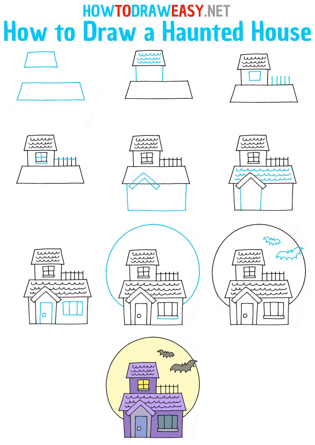 How to Draw a Haunted House Step-by-Step - How to Draw Easy